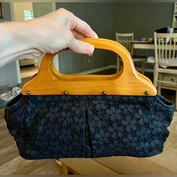 J. Crew | Bags | Jcrew Wooden Handle Lace Clutch Bag Black Eyelet ...
